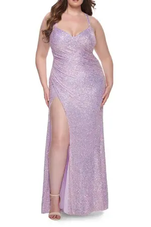 La Femme Sequin Prom Dress With Ruching And Slit - Light Periwinkle