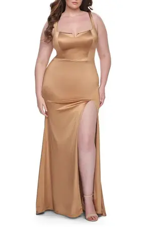 La Femme Stretch Satin Column Dress - Bronze