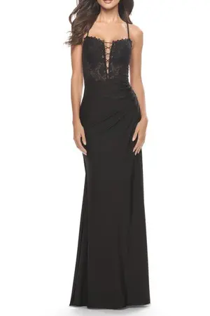 La Femme Lace Bodice Jersey Gown - Black