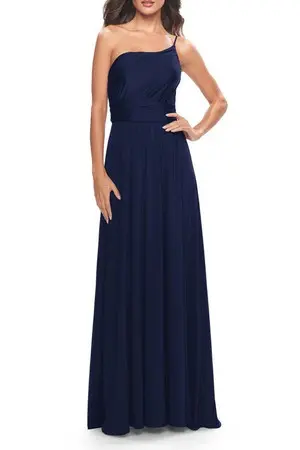 La Femme One-shoulder Jersey Gown - Navy