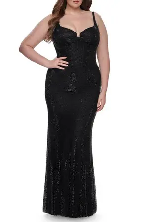 La Femme Rhinestone Fishnet Dress With Bustier Top - Black
