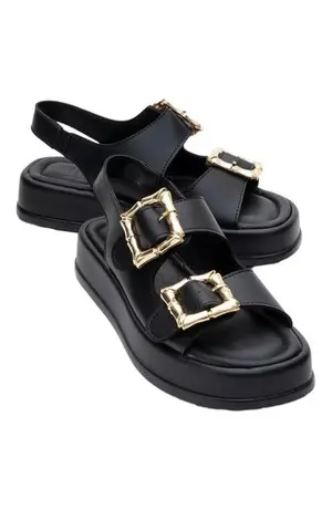 PROLOGUE SHOES Slope Double Strap Sandals - Black Faux Leather