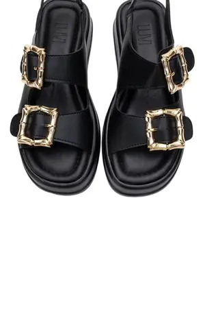 PROLOGUE SHOES Slope Double Strap Sandals - Black Faux Leather