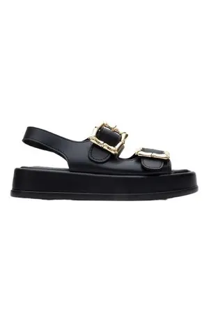 PROLOGUE SHOES Slope Double Strap Sandals - Black Faux Leather