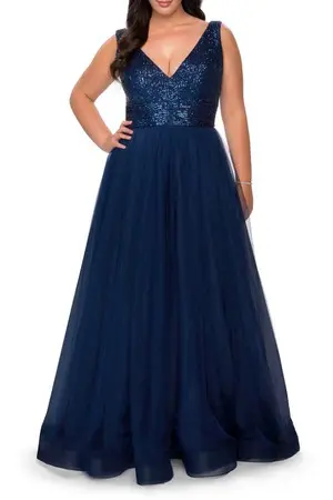 La Femme A-line Gown With Sequin Bodice And Tulle Skirt - Navy