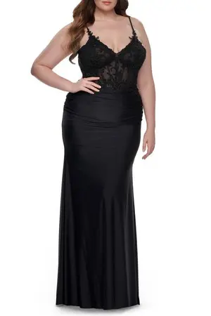 La Femme Long Jersey Dress With Illusion Lace Bodice - Black