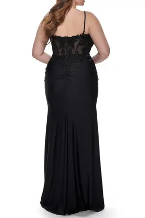 La Femme Long Jersey Dress With Illusion Lace Bodice