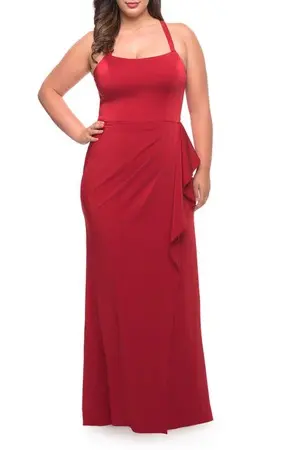 La Femme Elegant Jersey Gown With Ruffle Slit Detail - Red