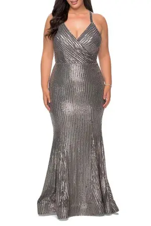 La Femme Sequin Gown With Criss-cross Back - Silver