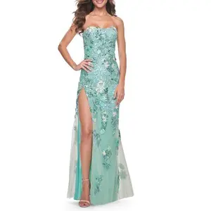 La Femme Lace Floral Applique Strapless Gown - Sage