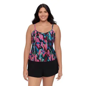 TRIMSHAPER Farrah Scoopneck Swim Romper With Pockets Collage Patch
