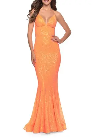 La Femme Fitted Sequin Gown With Open Back - Orange
