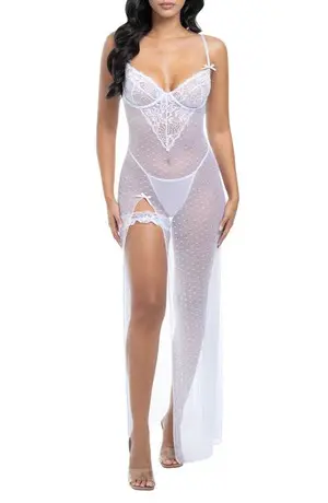 OH LA LA CHERI Livia Lace Trim Mesh Underwire Nightgown & G-string Set - Bright White