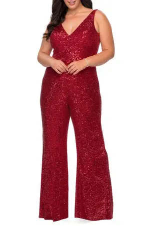 La Femme Sequin Jumpsuit With Plunging Neckline - Red