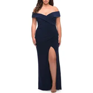 La Femme Jersey Gown With Off-the-shoulder Top - Navy
