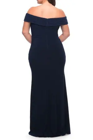 La Femme Jersey Gown With Off-the-shoulder Top - Navy