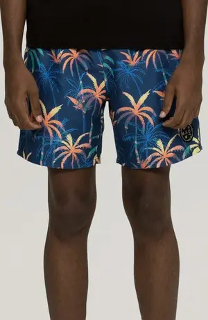 MAUI & SONS Wilder Palm Tree Print Microfiber Swim Trunks