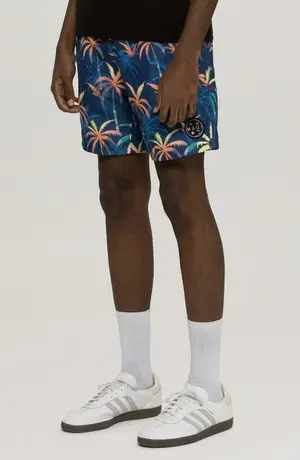 MAUI & SONS Wilder Palm Tree Print Microfiber Swim Trunks
