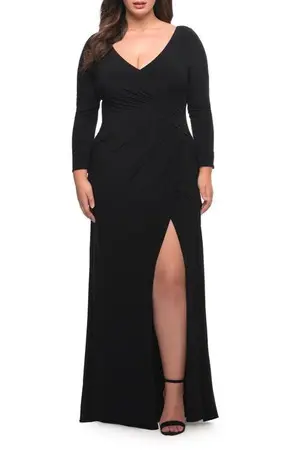 La Femme Long Sleeve Jersey Plus Dress With Slit - Black