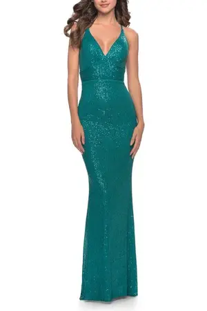 La Femme Sequin V-neck Gown With Lace-up Back - Peacock