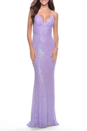 La Femme Sequin V-neck Gown With Lace-up Back - Periwinkle