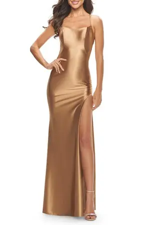 La Femme Fitted Liquid Jersey Gown With High Slit