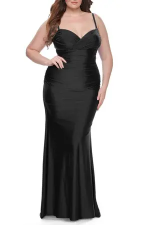 La Femme Ruched Jersey Gown With Lace-up Back - Black