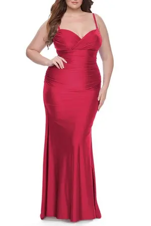 La Femme Ruched Jersey Gown With Lace-up Back - Red