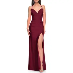 La Femme Ruched Jersey Prom Dress With Slit - Dark Berry