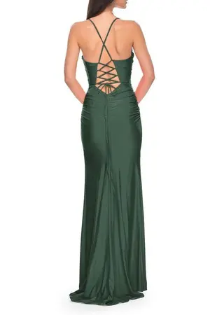 La Femme Ruched Jersey Prom Dress With Slit - Emerald