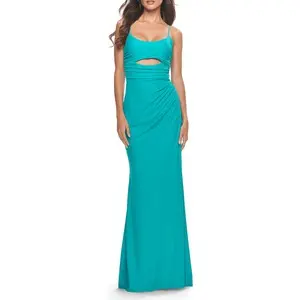 La Femme Cut Out Jersey Gown With Lace Up Back - Aqua