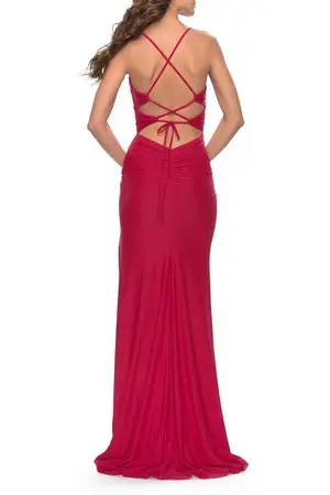 La Femme Cut Out Jersey Gown With Lace Up Back - Red