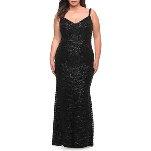 La Femme Sequin Gown With V-neck - Black