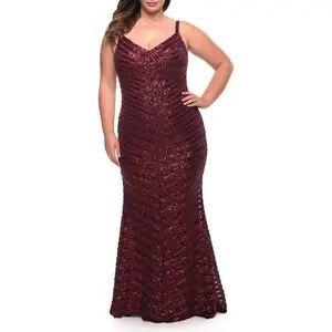 La Femme Sequin Gown With V-neck - Wine