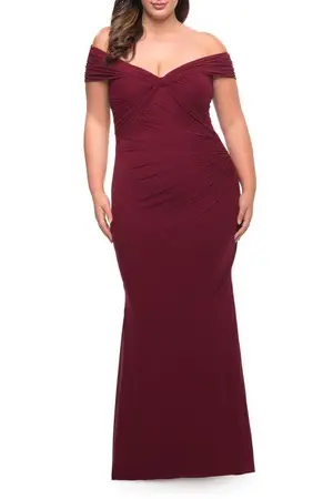 La Femme Long Net Jersey Plus Gown - Wine