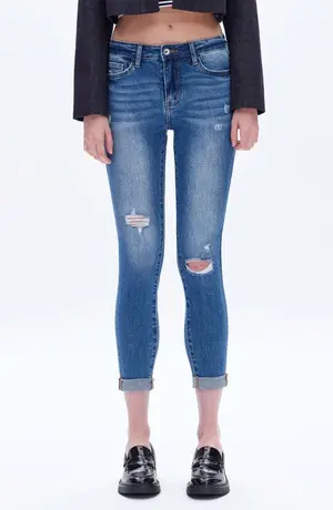 BAYEAS High-waist Cuffed Ankle Skinny Jeans - Medium Blue