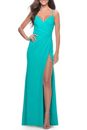 La Femme Long Jersey Dress With Ruching And Lace-up Back - Aqua