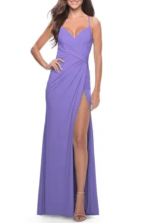 La Femme Long Jersey Dress With Ruching And Lace-up Back - Periwinkle