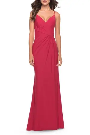 La Femme Long Jersey Dress With Ruching And Lace-up Back - Red