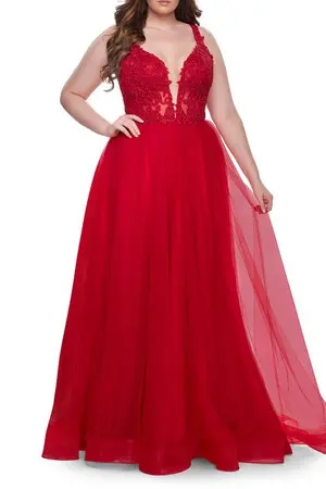La Femme Deep V-neck Tulle A-line Gown - Red