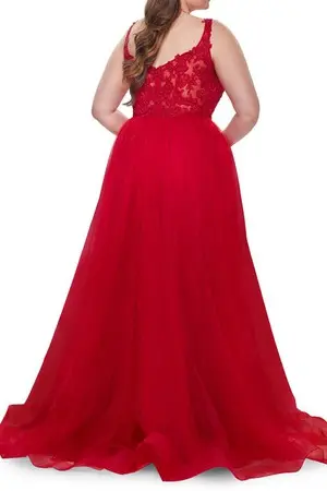 La Femme Deep V-neck Tulle A-line Gown - Red