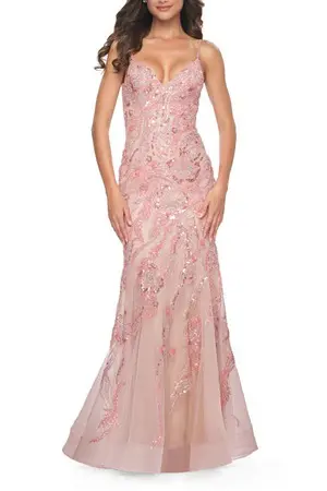 La Femme Mermaid Sequin And Beaded Embellished Gown - Coral