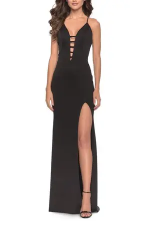 La Femme Fitted Matte Jersey Gown With Deep V-neckline - Black