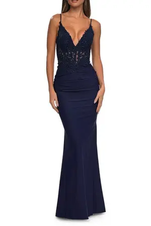 La Femme Illusion Lace V-neck Jersey Skirt Dress - Navy