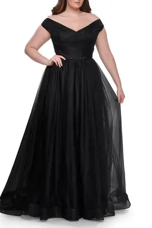 La Femme A-line Tulle Off-the-shoulder Dress With Slit - Black