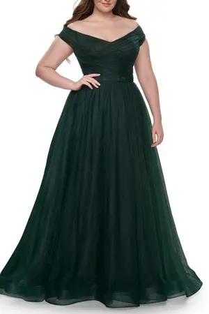 La Femme A-line Tulle Off-the-shoulder Dress With Slit - Dark Emerald