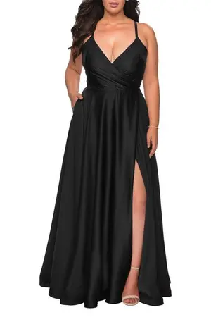 La Femme Satin A-line Gown - Black
