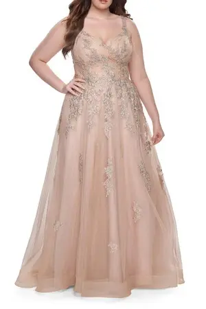 La Femme Lace Embellished Tulle A-line Gown With Slit - Champagne