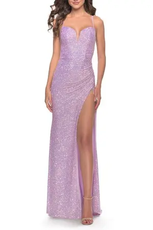 La Femme Sequin Prom Gown With Ruching And Tie Back - Light Periwinkle