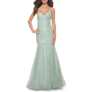 La Femme Beaded And Rhinestone Mermaid Gown - Sage